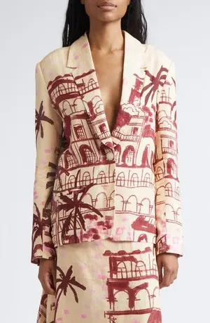 Johanna Ortiz Printed Linen Jacket - Ecru/wine