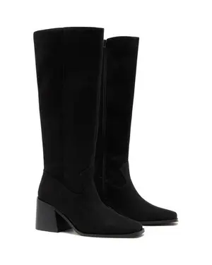 THERAPY AUSTRALIA Quinn Square Toe Block Heel Tall Boot - Black Microsuede
