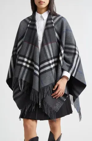 Burberry Check Double Face Cashmere & Wool Cape - Marlborough Grey/cha
