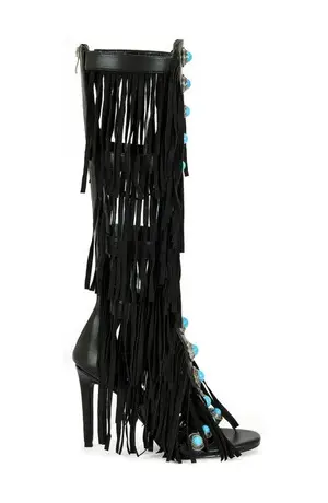 AZALEA WANG Amadeo Knee High Fringe Sandal - Black