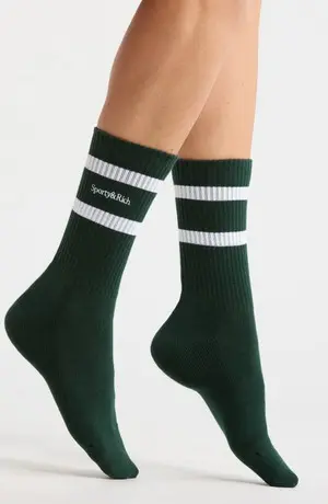 SPORTY & RICH Stripe Serif Logo Embroidered Crew Socks - Forest/white