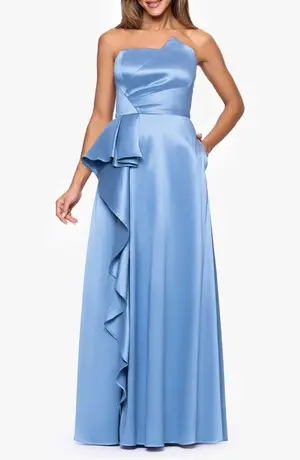 XSCAPE EVENINGS Asymmetric Strapless Stretch Satin Gown