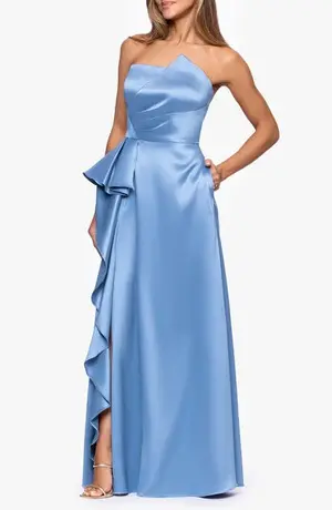 XSCAPE EVENINGS Asymmetric Strapless Stretch Satin Gown