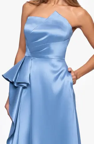XSCAPE EVENINGS Asymmetric Strapless Stretch Satin Gown