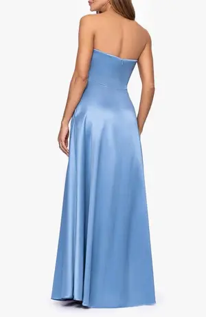 XSCAPE EVENINGS Asymmetric Strapless Stretch Satin Gown