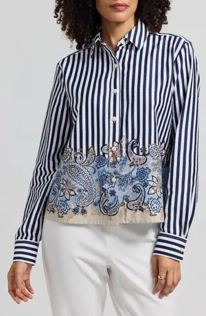Foxcroft Stripe & Paisley Print Button-down Blouse