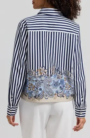 Foxcroft Stripe & Paisley Print Button-down Blouse