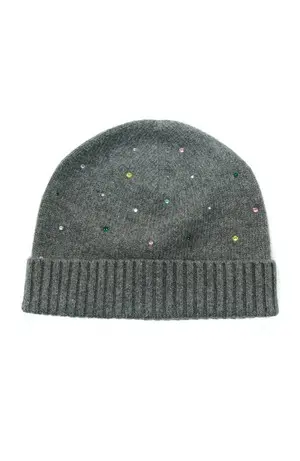 Portolano Cashmere Beanie With Crystal Stones - Medium Heather Grey