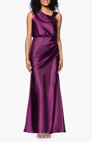 Betsy & Adam Ruched Charmeuse Trumpet Gown