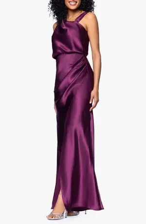 Betsy & Adam Ruched Charmeuse Trumpet Gown