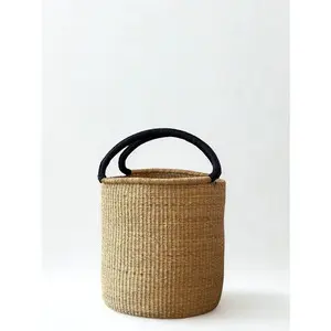 MBARE Handwoven Double Weave Hamper Basket With Black Leather Handles - Natural