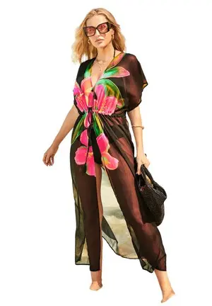 SWIMSUITS FOR ALL Open Front Tie-waist Maxi Cover Up - Pink Floral Blooms
