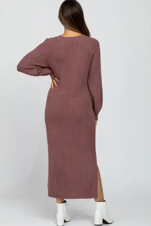 PINKBLUSH Side Slit Maxi Sweater Dress - Mauve