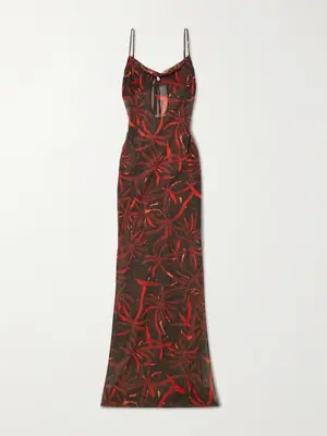 SARA CRISTINA Palm Pearl-embellished Recycled Silk-georgette Coverup - Red