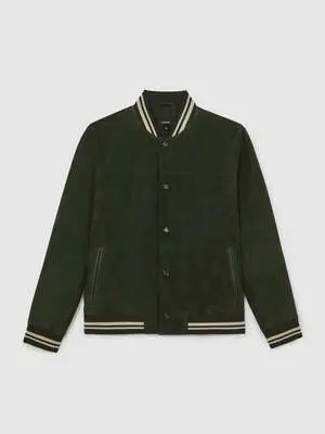 REISS Banridge Suede Stripe-trim Bomber Jacket - Forest Green