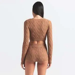 SKIMS Sweater Knits Cable Knit Cropped Cardigan - Dark Honey