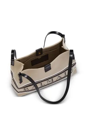 Balmain Small Release Shopper Bag In Canvas And Calfskin - Beige