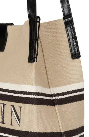 Balmain Small Release Shopper Bag In Canvas And Calfskin - Beige