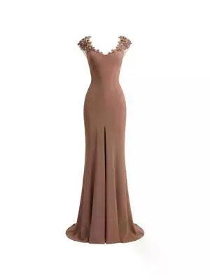 GEMY MAALOUF Beaded Neckline Maxi Dress - Brown
