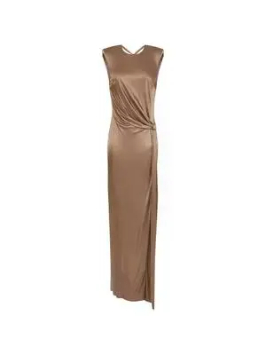 Elisabetta Franchi Sleeveless Draped Slit Maxi Dress - Brown