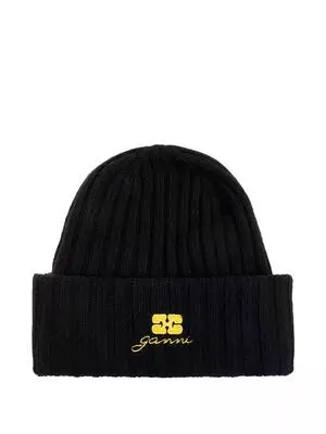 GANNI Logo-embroidered Beanie - Black