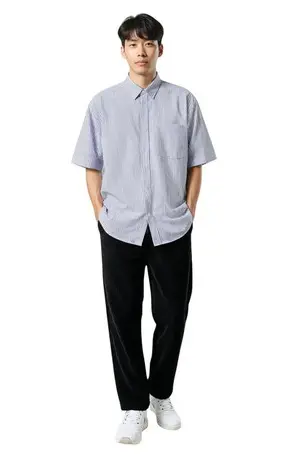 D.RT Oversize Pinstripe Short Sleeve Button-up Oxford Shirt