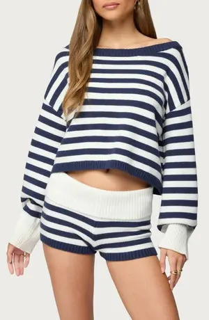EDIKTED Striped Oversized Cropped Sweater - Navy-and-white