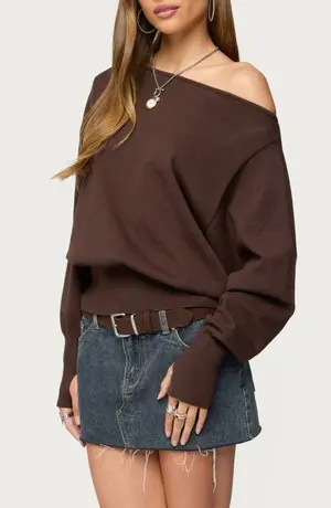 EDIKTED Oversized Off-the-shoulder Sweater - Brown