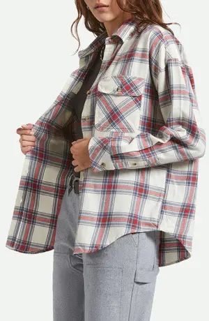 Brixton Bowery Plaid Cotton Flannel Overshirt - Off White/berring Sea/red