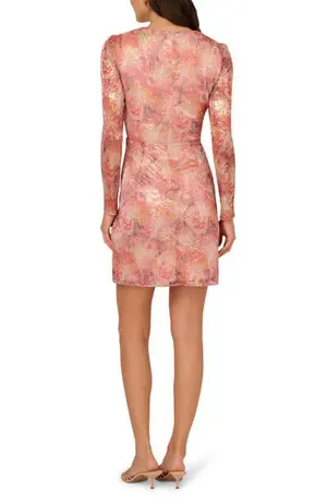 Adrianna Papell Printed Metallic Crinkle Long Sleeve Dress