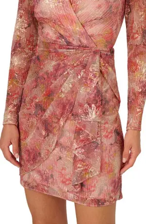 Adrianna Papell Printed Metallic Crinkle Long Sleeve Dress