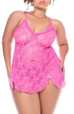 MAPALE Sheer Lace Babydoll Chemise & Thong Set