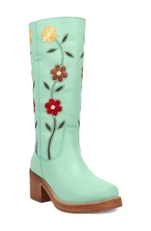 DINGO Embroidered Block Heel Boots - Mint