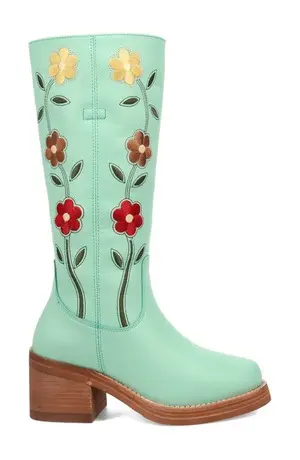 DINGO Embroidered Block Heel Boots - Mint