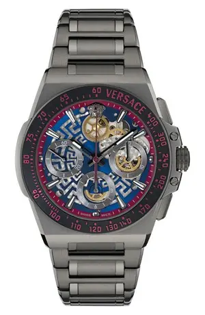 Versace Greca Extreme Skeleton Dial Automatic Chronograph Bracelet Watch - Blue/ip Gunmetal