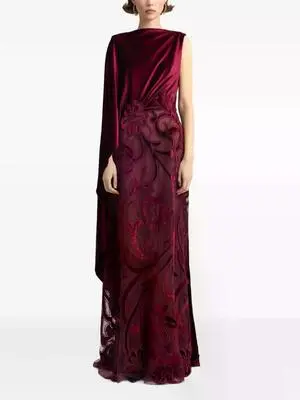 GEMY MAALOUF Velvet-trim Embroidered Maxi Dress - Red