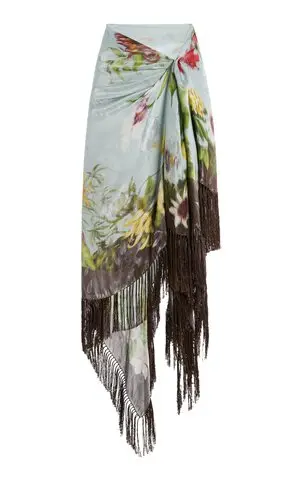 Oscar De La Renta Fringed Floral Print Metallic Midi Skirt - Multi