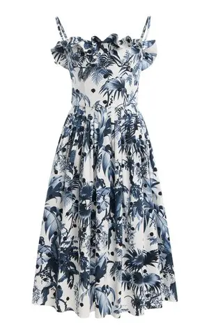 Oscar De La Renta Dotted Palms Printed Midi Dress - Navy