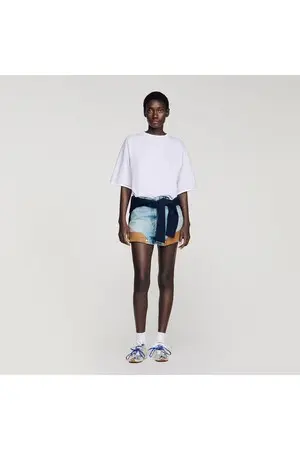 Sandro Striped Flared Shorts With Denim Belt - Blue / Floral / Multicolor