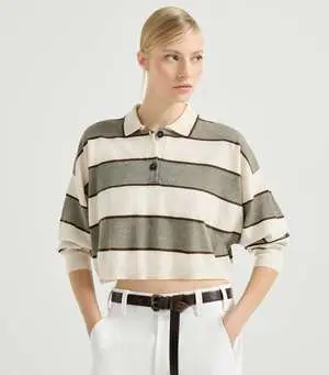 Brunello Cucinelli Stripe Cropped Polo Sweater