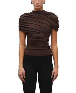 HEIRESS BEVERLY HILLS Draped Shoulder Top - Brown