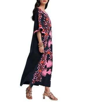 FRANCES VALENTINE Embroidered Cotton-linen Kaftan - Navy/multi