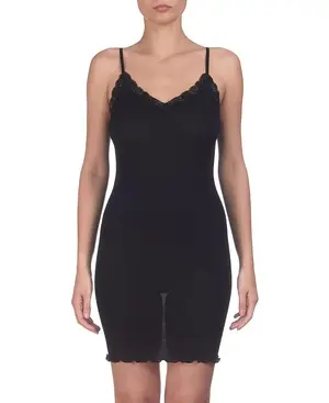OSCALITO Ribbed Wool & Silk V-neck Chemise Nightgown With Lace Trim - Black