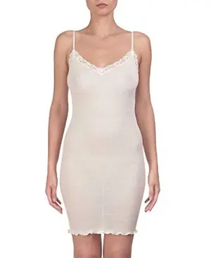 OSCALITO Ribbed Wool & Silk V-neck Chemise Nightgown With Lace Trim - Champagne