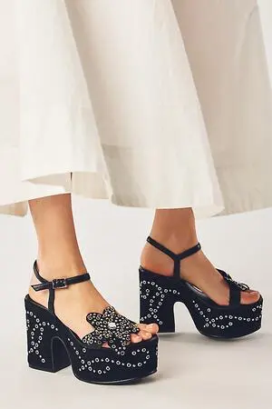 Anthropologie Studded Flower Platform Heel - Black