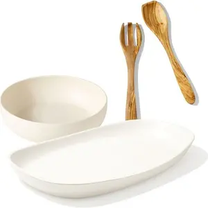 GHARYAN STONEWARE Serving Platter, Bowl & Olive Wood Servers - Matte White