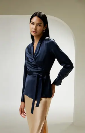 Lilysilk Silk Wrap Blouse - Navy Blue