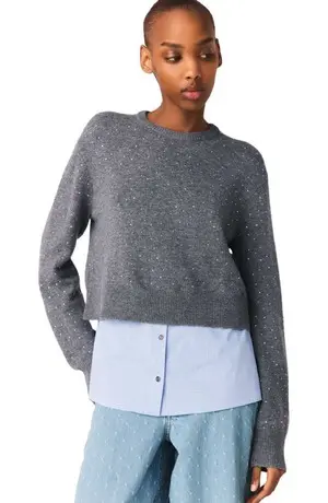 Maje Rhinestone Trim Sweater With Removable Poplin Shirt