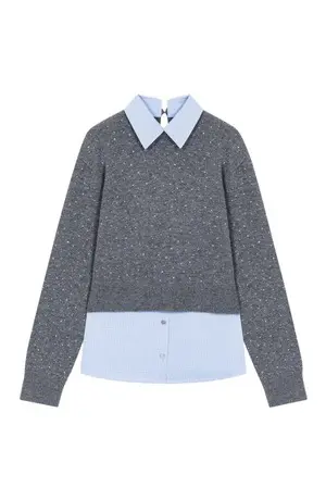 Maje Rhinestone Trim Sweater With Removable Poplin Shirt