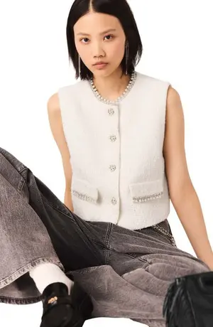 Maje Beaded Tweed Waistcoat - Ecru